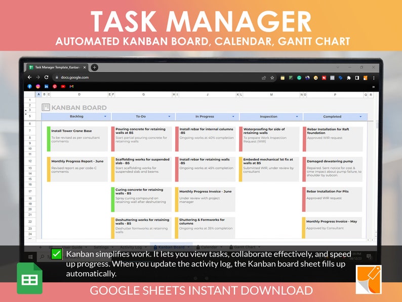 Task Manager Google Sheet Template: Kanban Board, Gantt Chart (instant ...