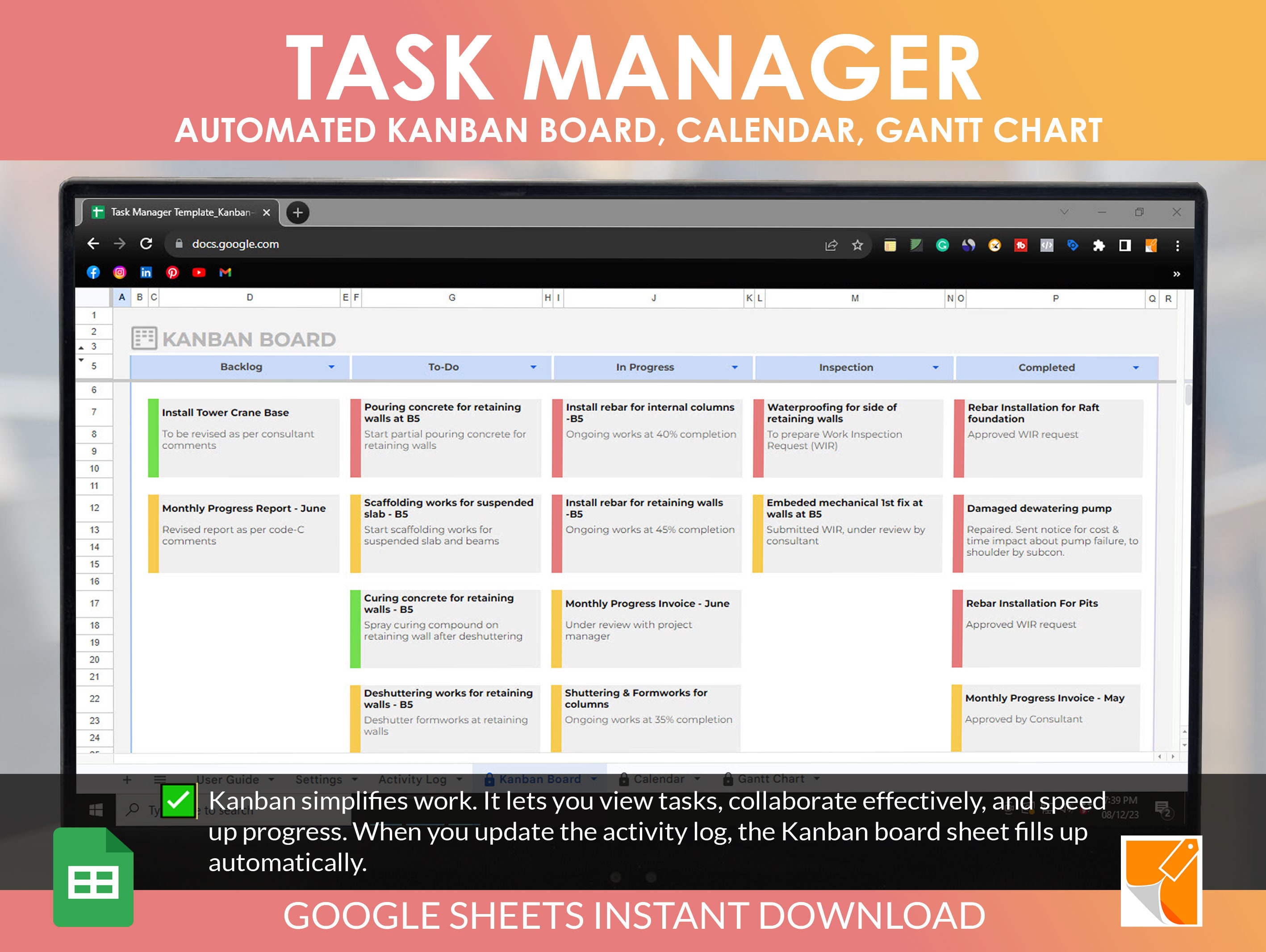 Task Manager Google Sheet Template: Kanban Board, Gantt Chart (instant ...