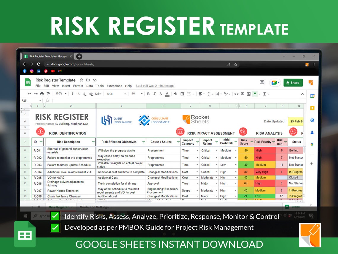 Risk Register Template: PMBOK Guide, Risk Management (google Sheets ...