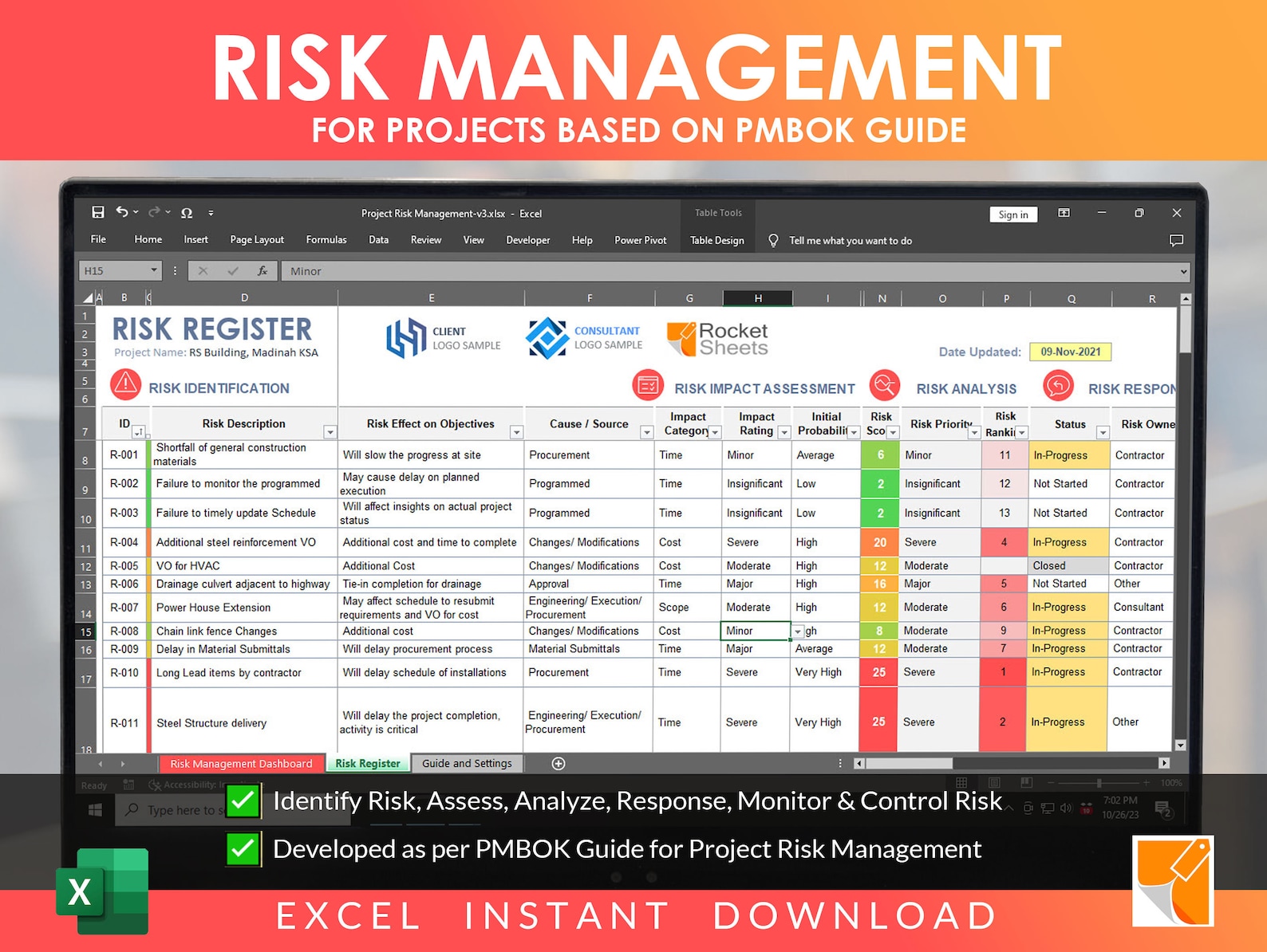 Project Risk Management Excel Template: PMBOK Guide, Risk Register ...
