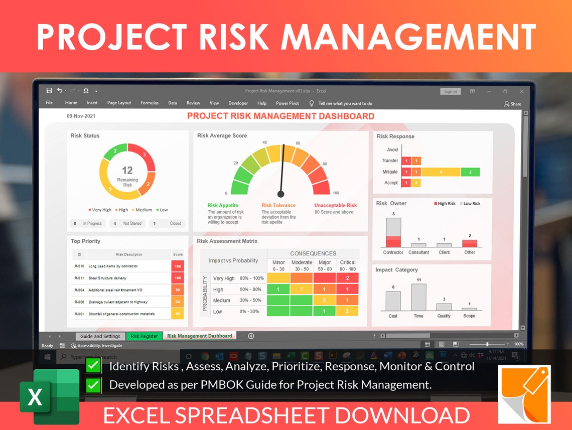 Project Risk Management Template, PMBOK Guide Tool, Risk Register Excel ...