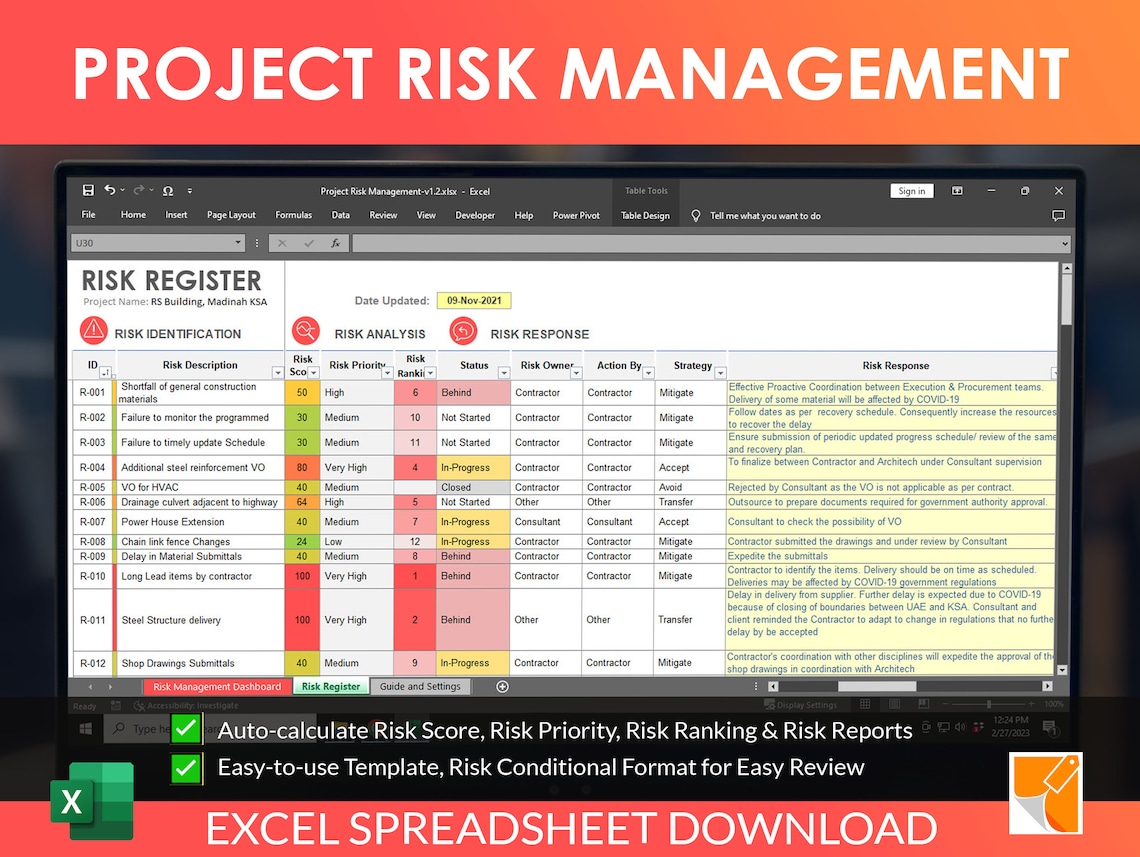 Project Risk Management Template, PMBOK Guide Tool, Risk Register Excel ...