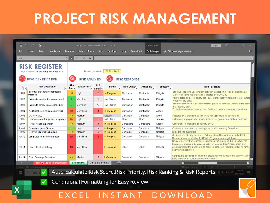 Project Risk Management Excel Template: PMBOK Guide Tool (digital ...