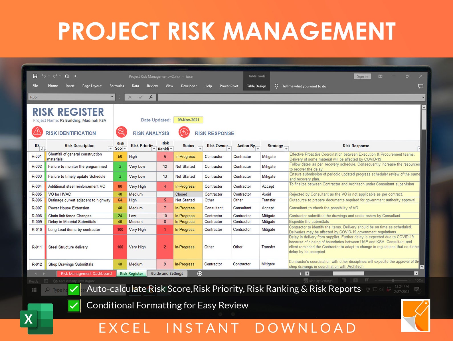 Project Risk Management Excel Template: PMBOK Guide Tool (digital ...