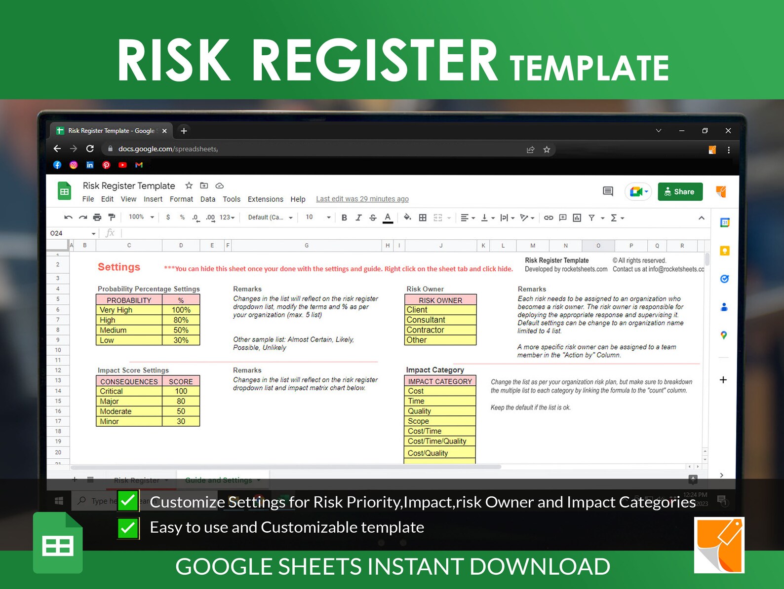 Risk Register Google Sheets Template, Risk Management, PMBOK Guide Tool ...