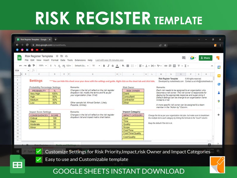 Risk Register Google Sheets Template, Risk Management, PMBOK Guide Tool ...