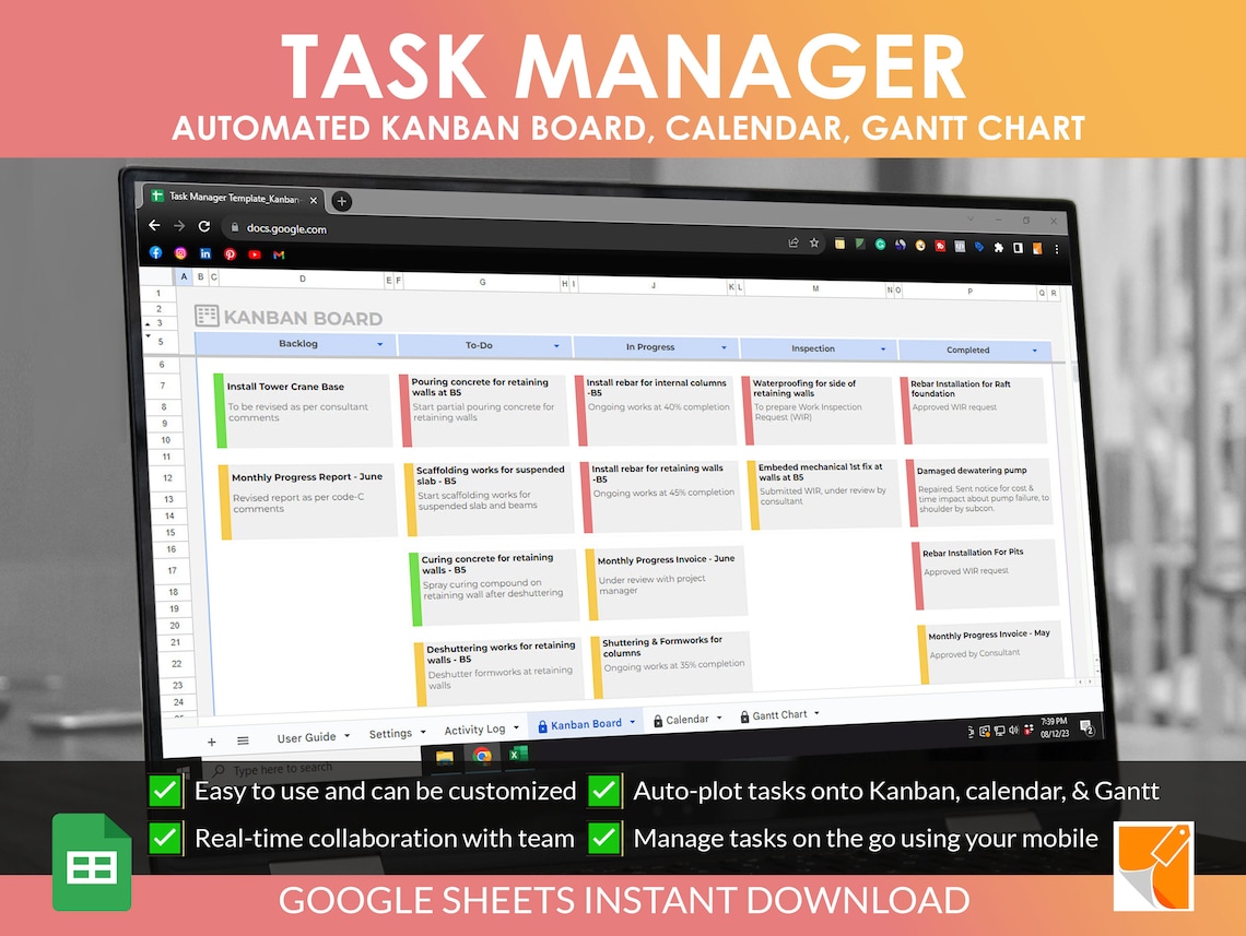 Task Manager Google Sheet Template, Automatic Kanban Board, Calendar ...