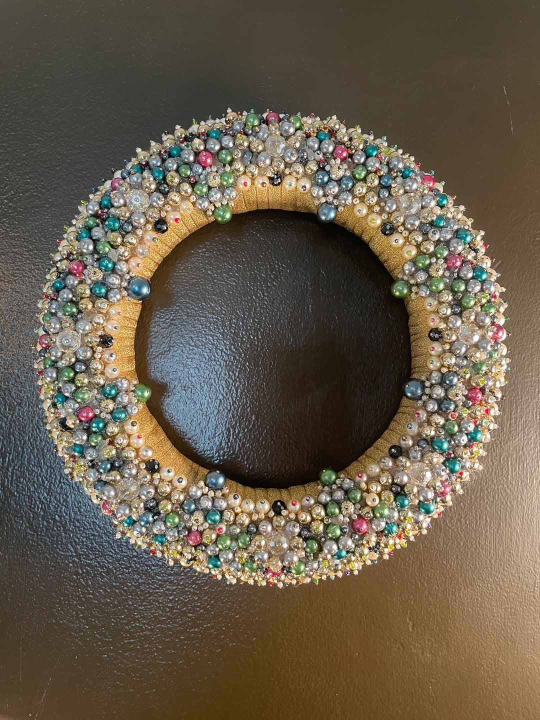 Vintage Jewelry Art Beaded Handmade Confetti Wreath 11 Glass, Pearls ...
