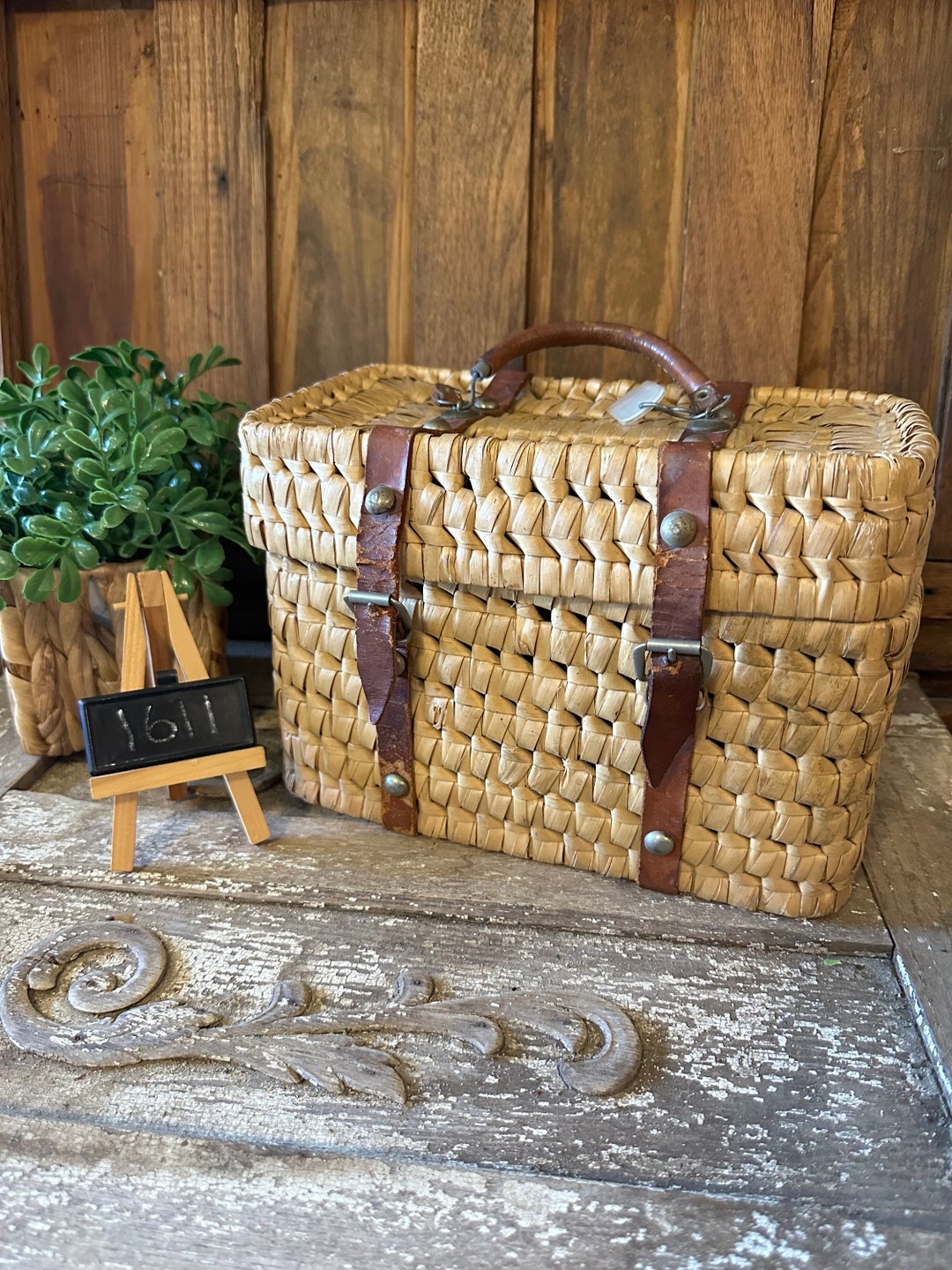 Vintage Woven Basket Purse With Leather Handles, Wicker Fishing Basket ...