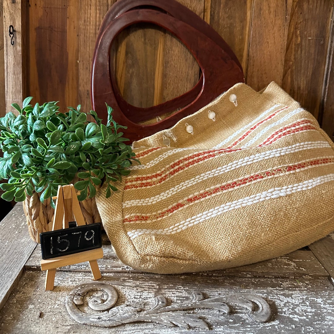 Vintage Muslin/burlap Handbag, Purse With Tortoise Shell Plastic ...