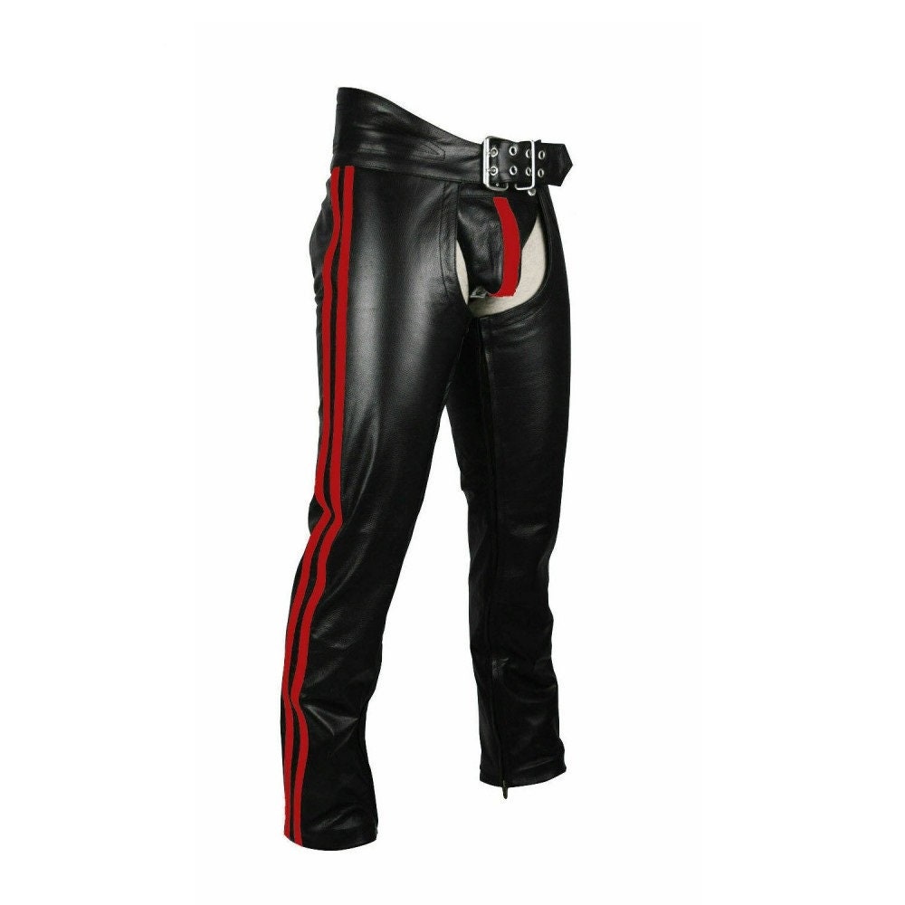 Genuine Leather Chaps Red Stripes Gay Chaps With Jockstrap Etsy
