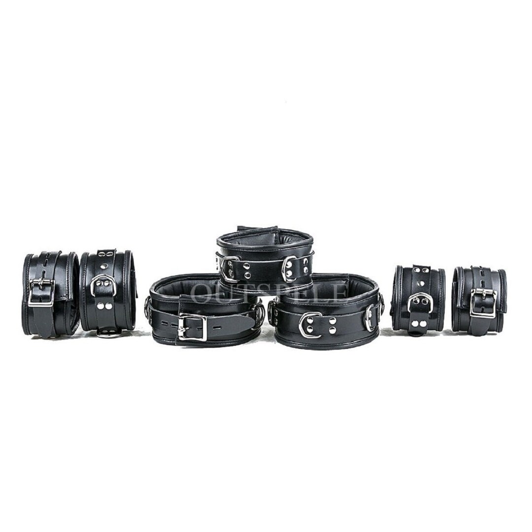 Real Black Leather Restraint Cuff Set 7 Pieces Padded Unisex - Etsy