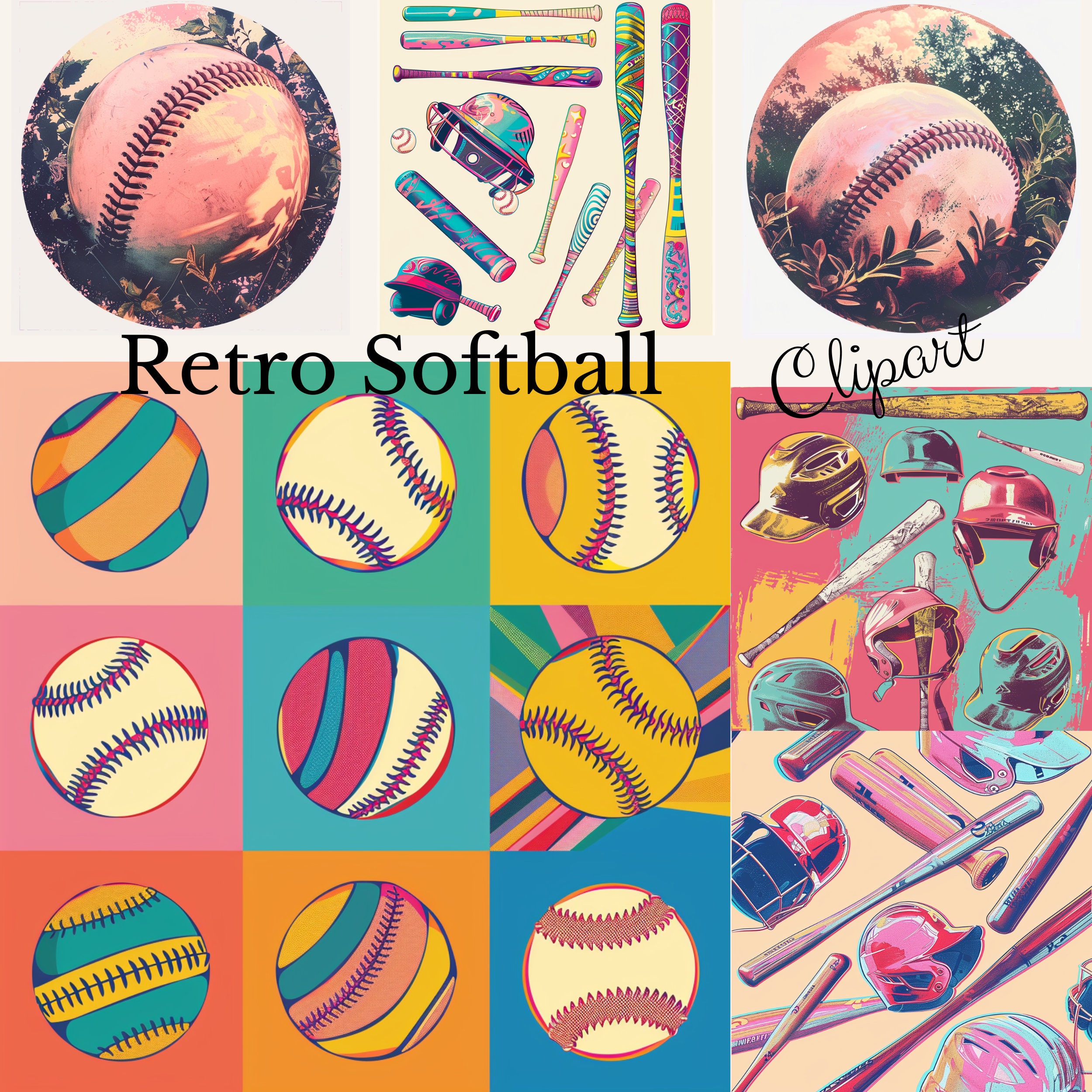 RETRO COLOR CLIPART, Softball Sports Art Ball Png Graphics Retro Color ...
