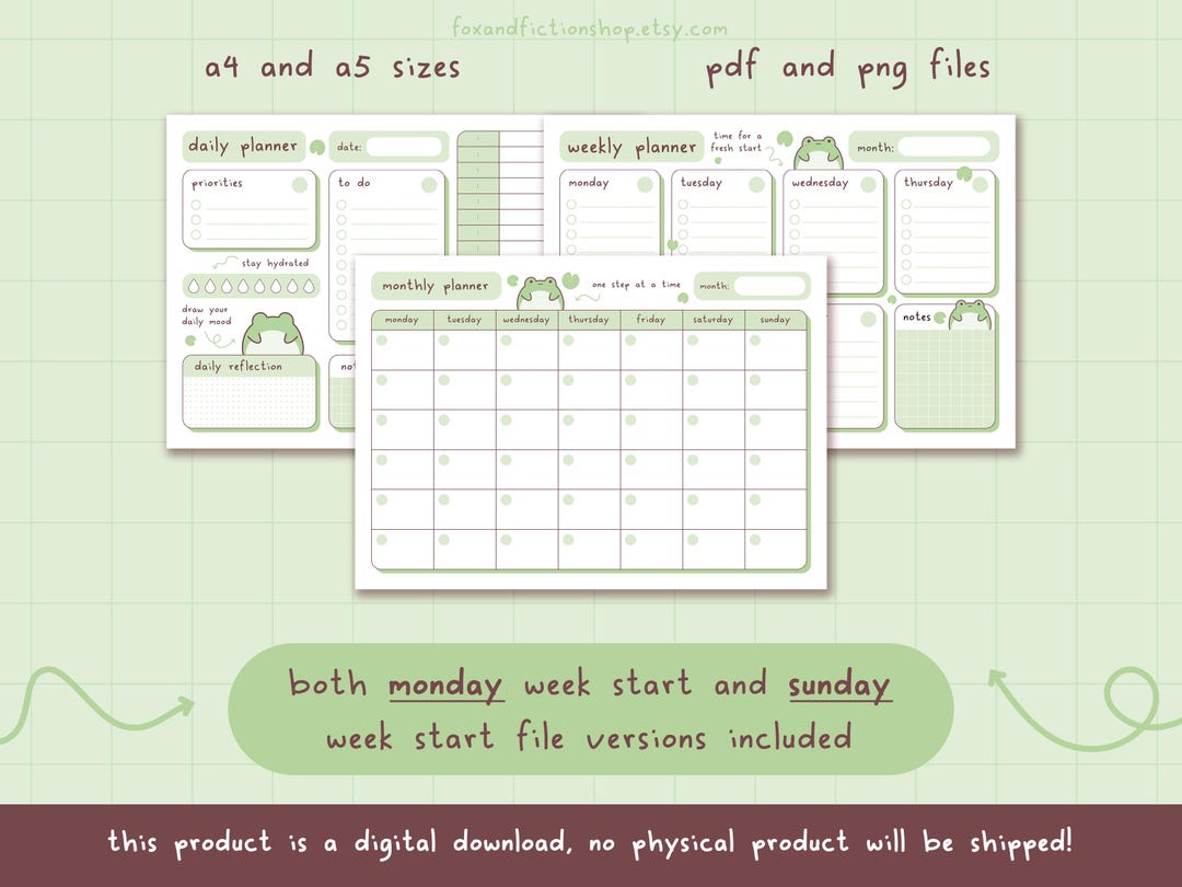 Undated Cute Bored Frog Themed Printable Planner Set Digital Download ...