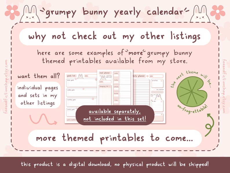 Undated Cute Grumpy Bunny Themed Printable Yearly Calendar Page Digital ...