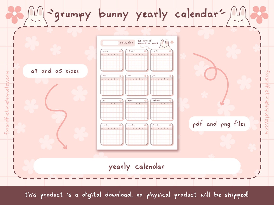 Undated Cute Grumpy Bunny Themed Printable Yearly Calendar Page Digital ...