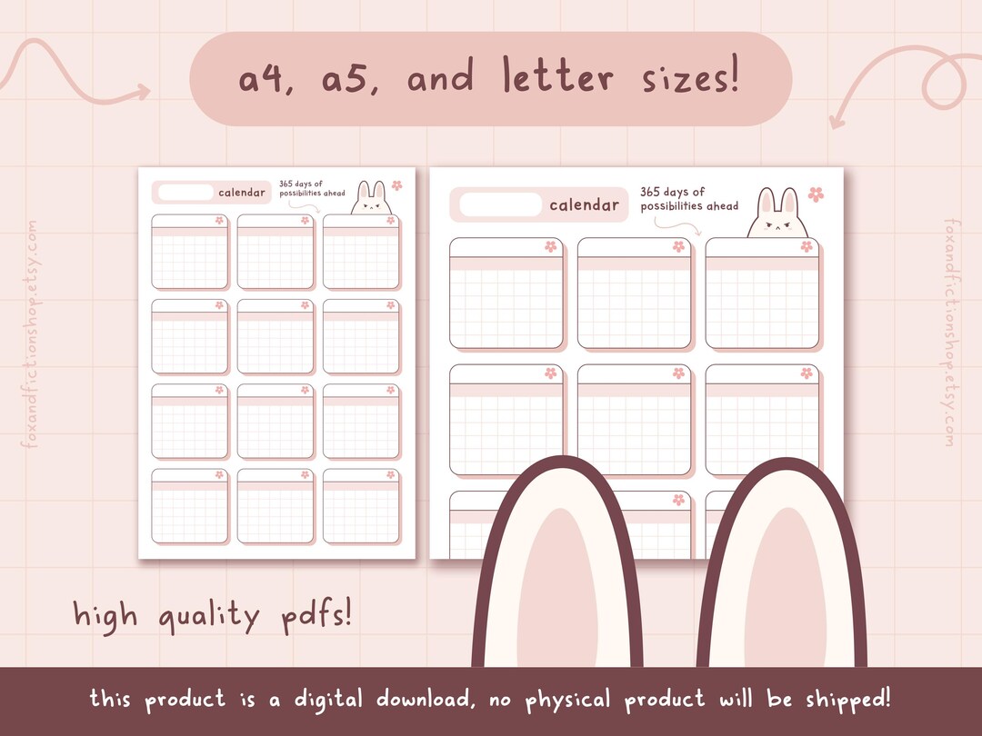 Undated | Cute Grumpy Bunny Themed Printable Yearly Calendar Page ...