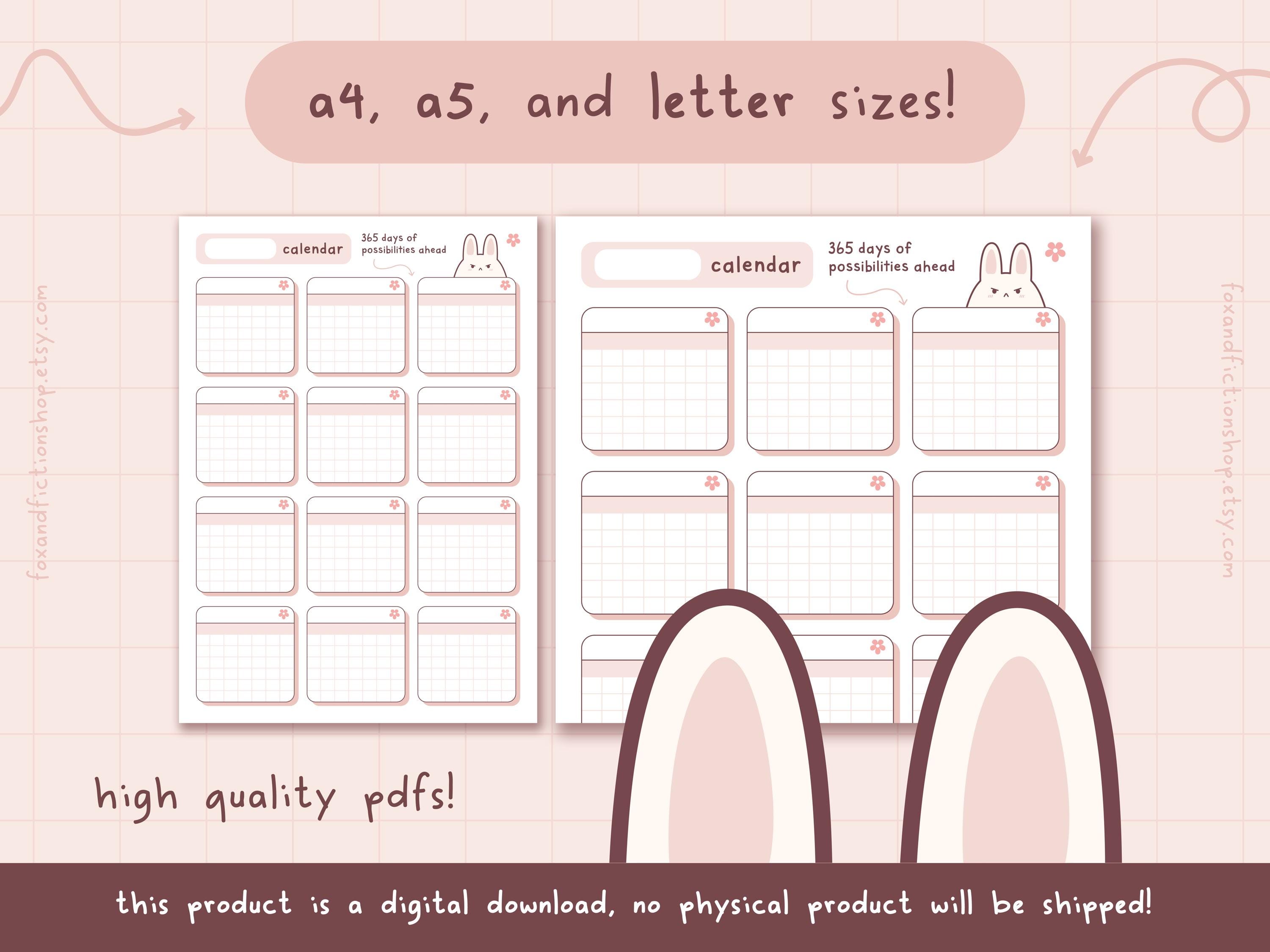 Undated | Cute Grumpy Bunny Themed Printable Yearly Calendar Page ...