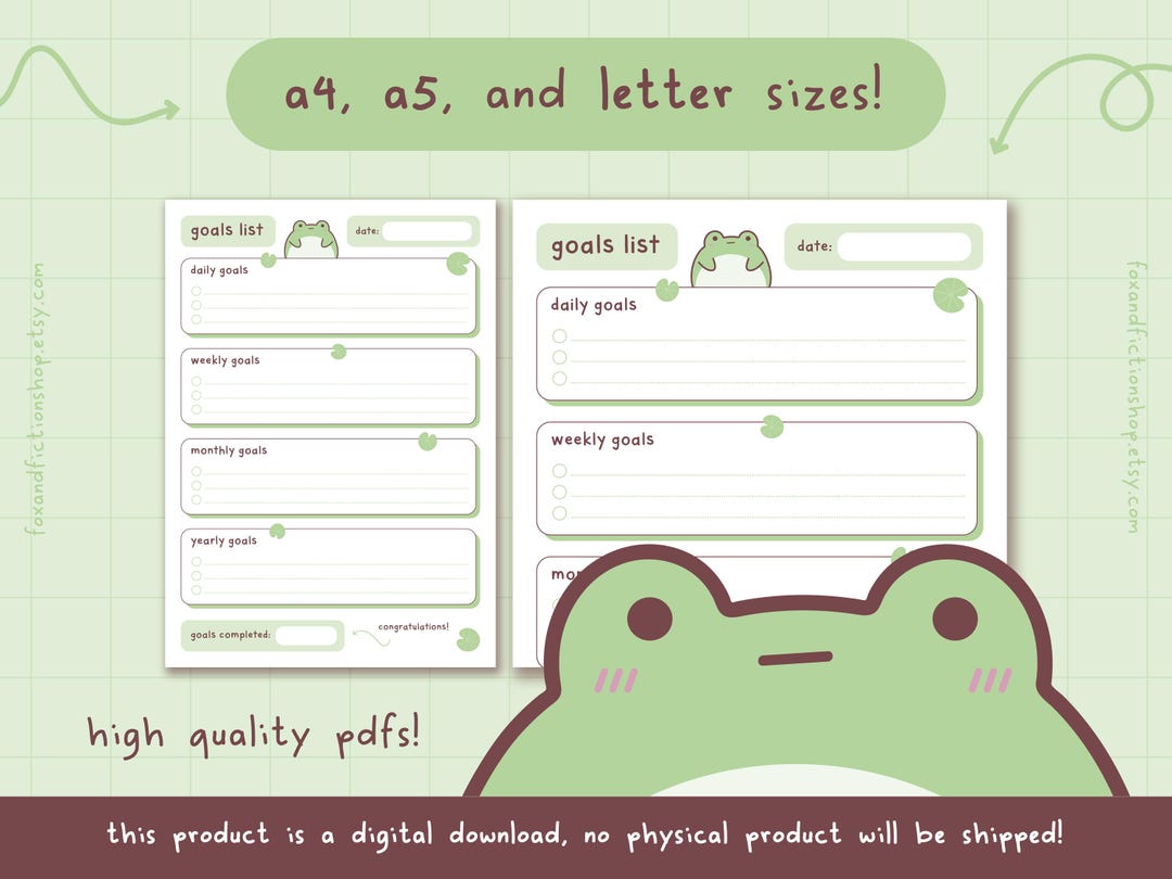 Undated | Cute Bored Frog Themed Printable Goals List | Digital ...