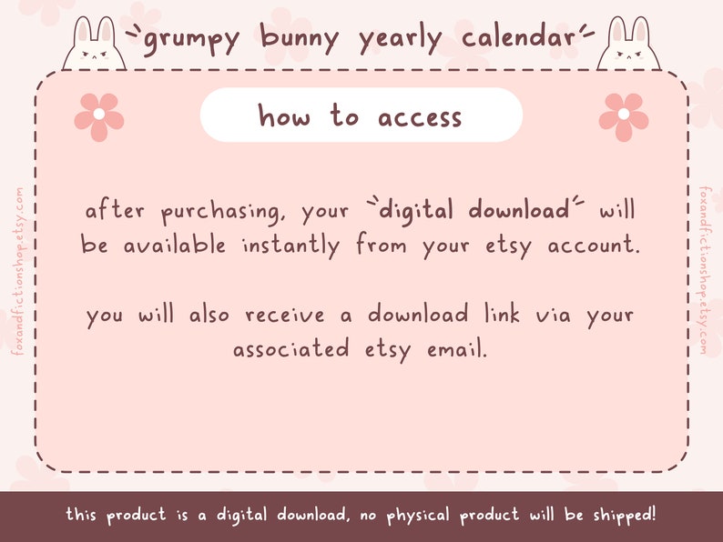 Undated Cute Grumpy Bunny Themed Printable Yearly Calendar Page Digital ...