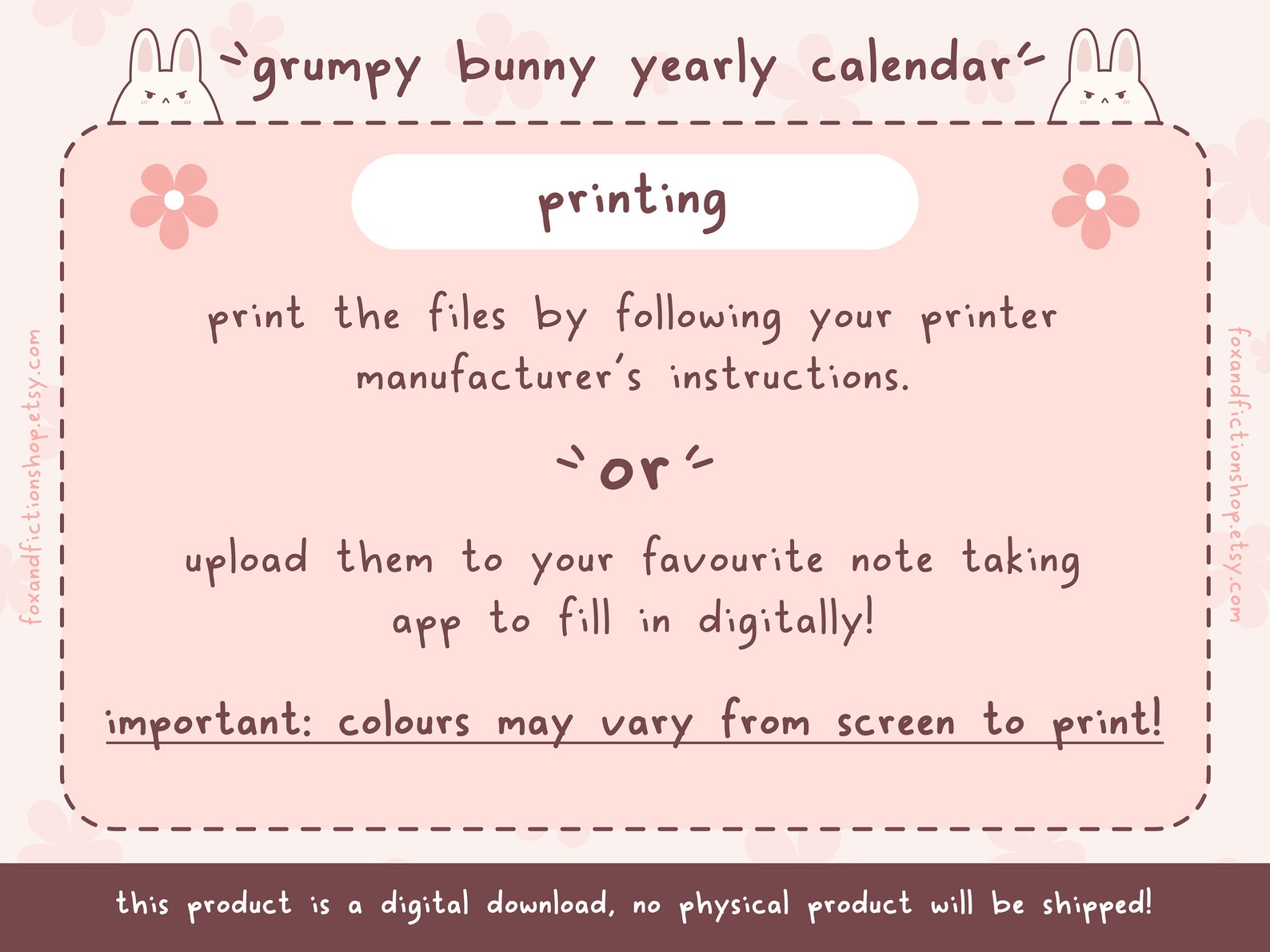 Undated Cute Grumpy Bunny Themed Printable Yearly Calendar Page Digital ...