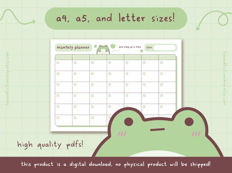 Frog Monthly Planner Page | Cute Kawaii Undated Calendar (digital ...