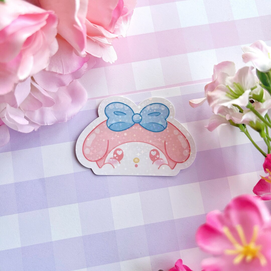 Peeking Melo Pink Bunny Holographic Vinyl Stickers - Pastel Hooded ...