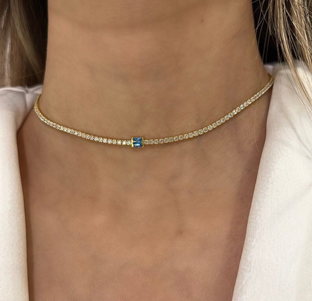 Aquamarine Tennis Necklace 925 Sterling Silver Choker Etsy