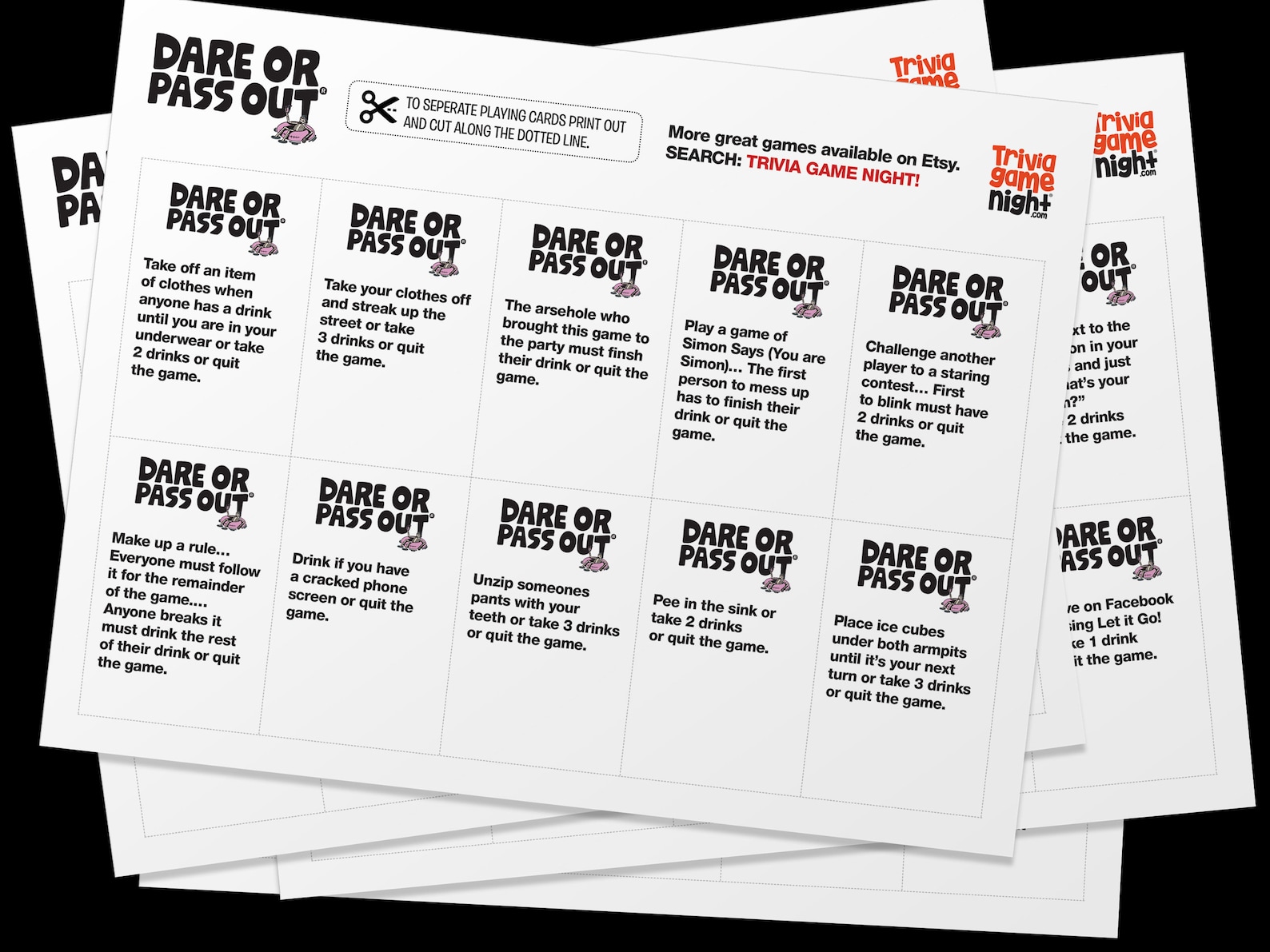 Dare or Pass Out Adult Drinking Game | Printable Party Game | Play Over ...