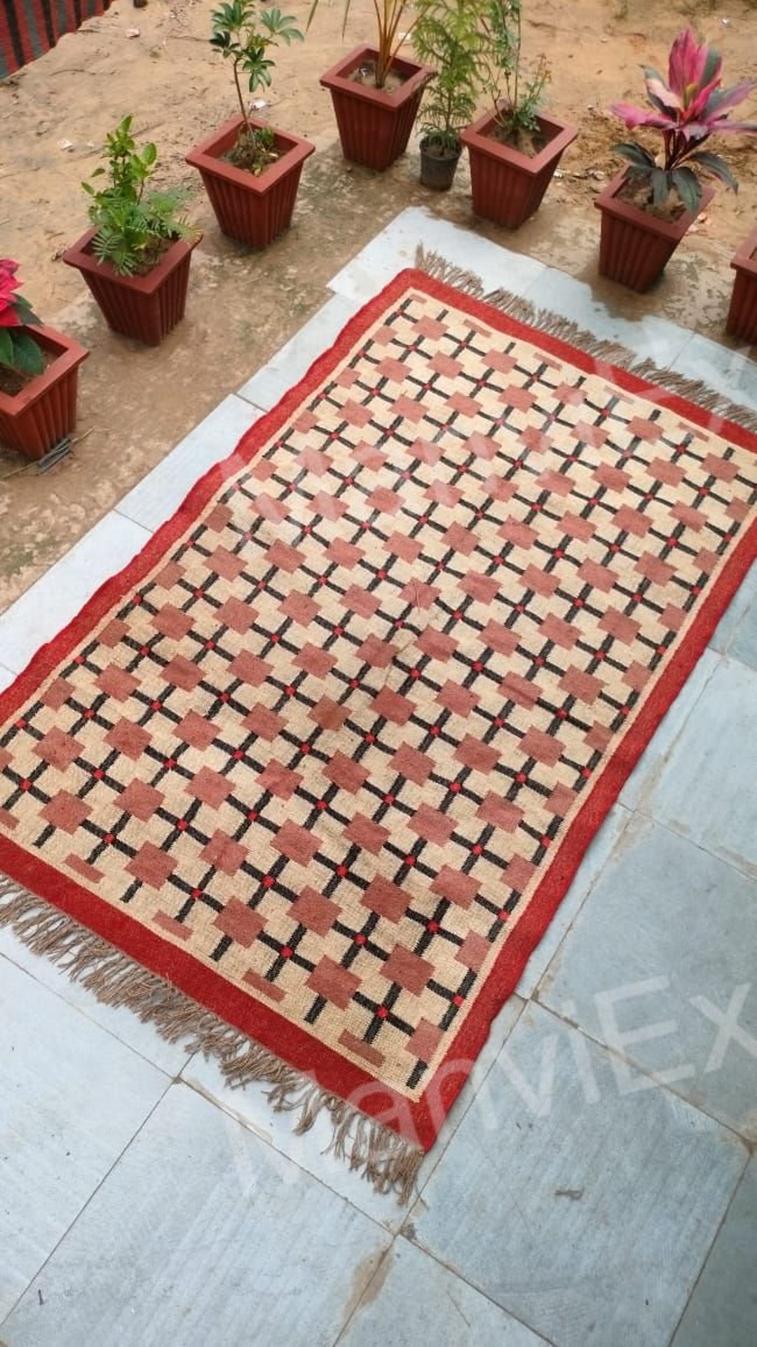 Handmade Woven Red Border With White Checked Hemp Jute Kilim Rugs ...