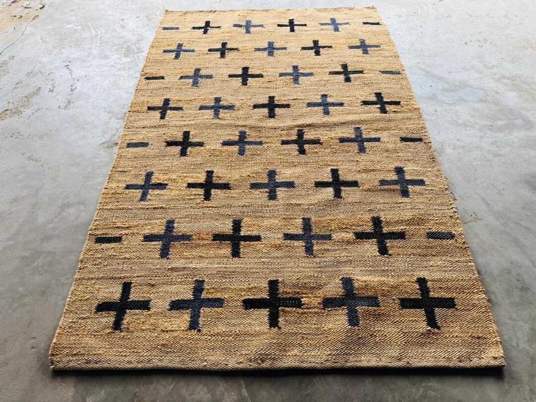 Handmade Jute Rug With Black Crosses: Natural Fiber Jute Area Porch Rug ...