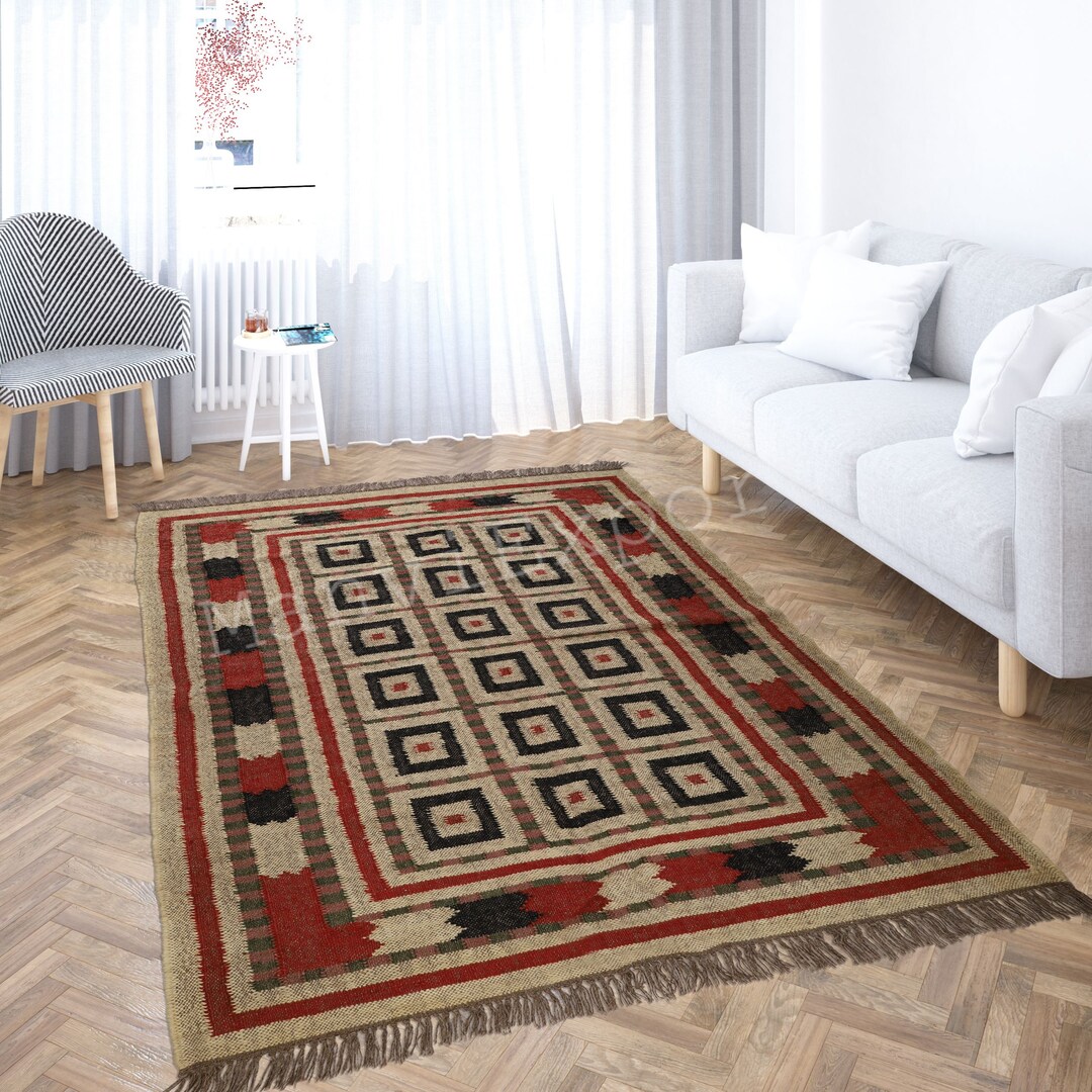 Handmade Checked Kilim Area Jute Rugs-black Area Kilim Rugs-boho Kilim ...