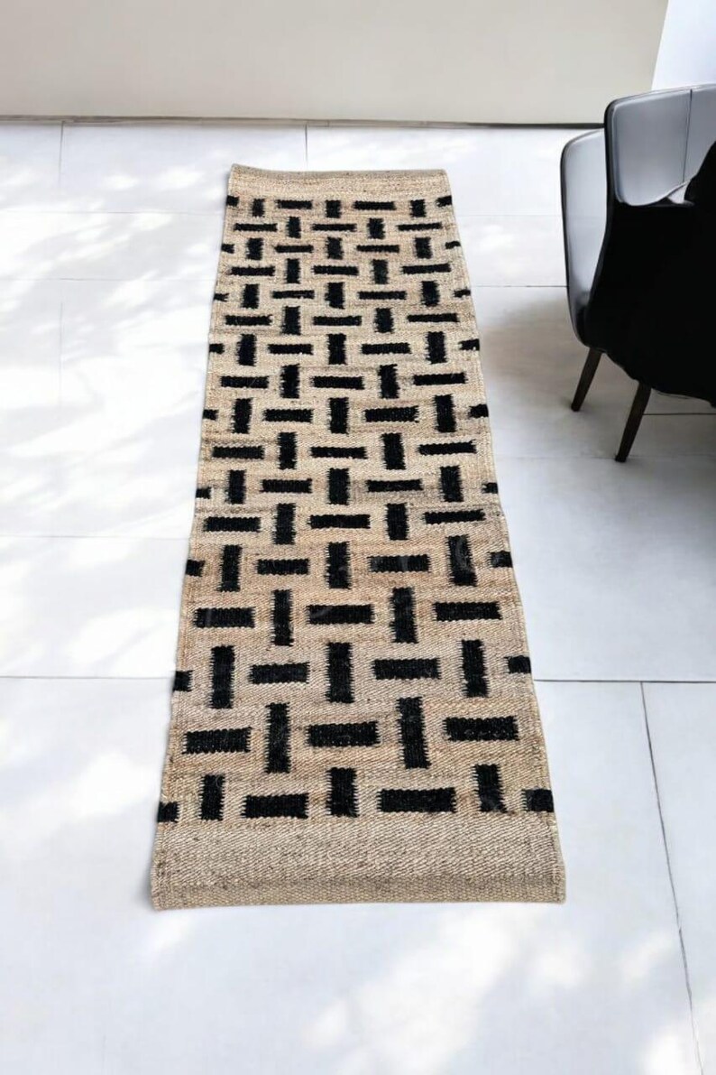 Handmade Black Line Jute Runner, Custom Size Rug, Hallway Runner, Boho ...