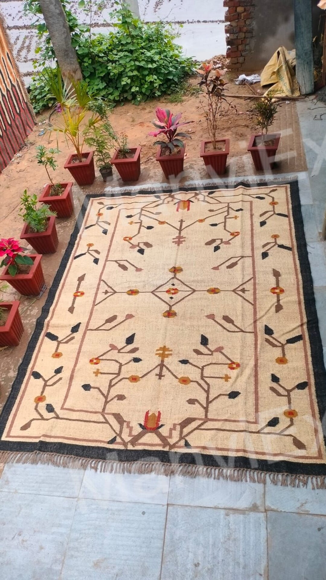 Handmade Leaf Pattern Wool and Jute Fabric-vintage Jute Kilim Rug-old ...