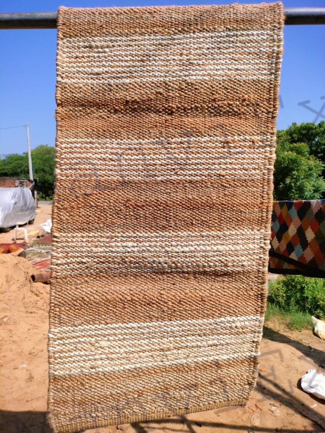 Natural With White Striped Jute Runner,long Runner,jute Floor Runner ...