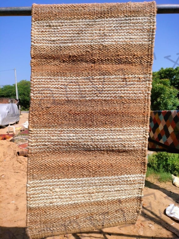 Natural With White Striped Jute Runnerlong Runnerjute Floor - Etsy