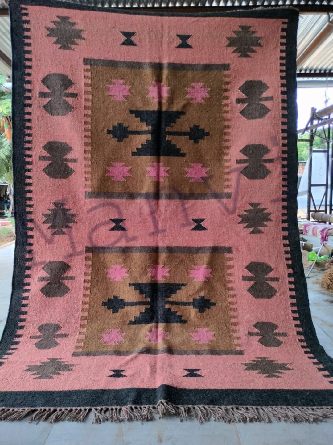 6 X 9 Ft Bricks Red Kilim Jute Rugs-pink Kilim Rug Living Room-kilim ...