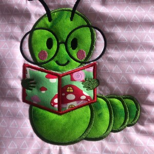 Bookworm Pocket Reading Insect Design Pocket Pillow 5 X 7 Embroidery ...
