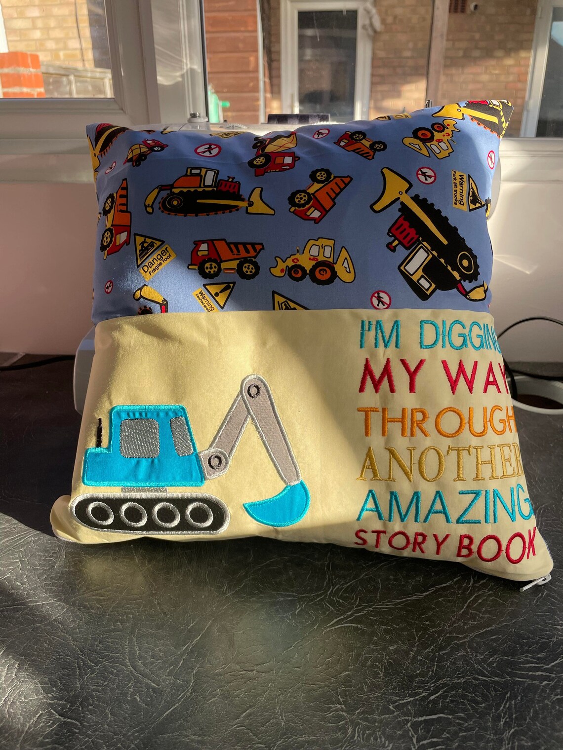 Digger Construction Design Reading Pillow Embroidery Applique - Etsy