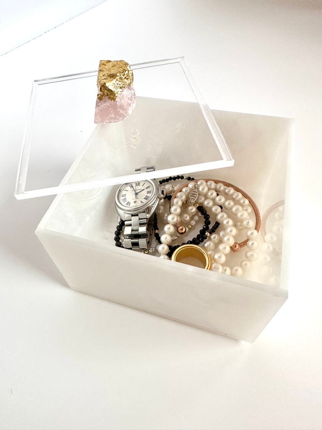 Mother of Pearl Acrylic Trinket Box With Gemstone Handle - Holiday Gift ...