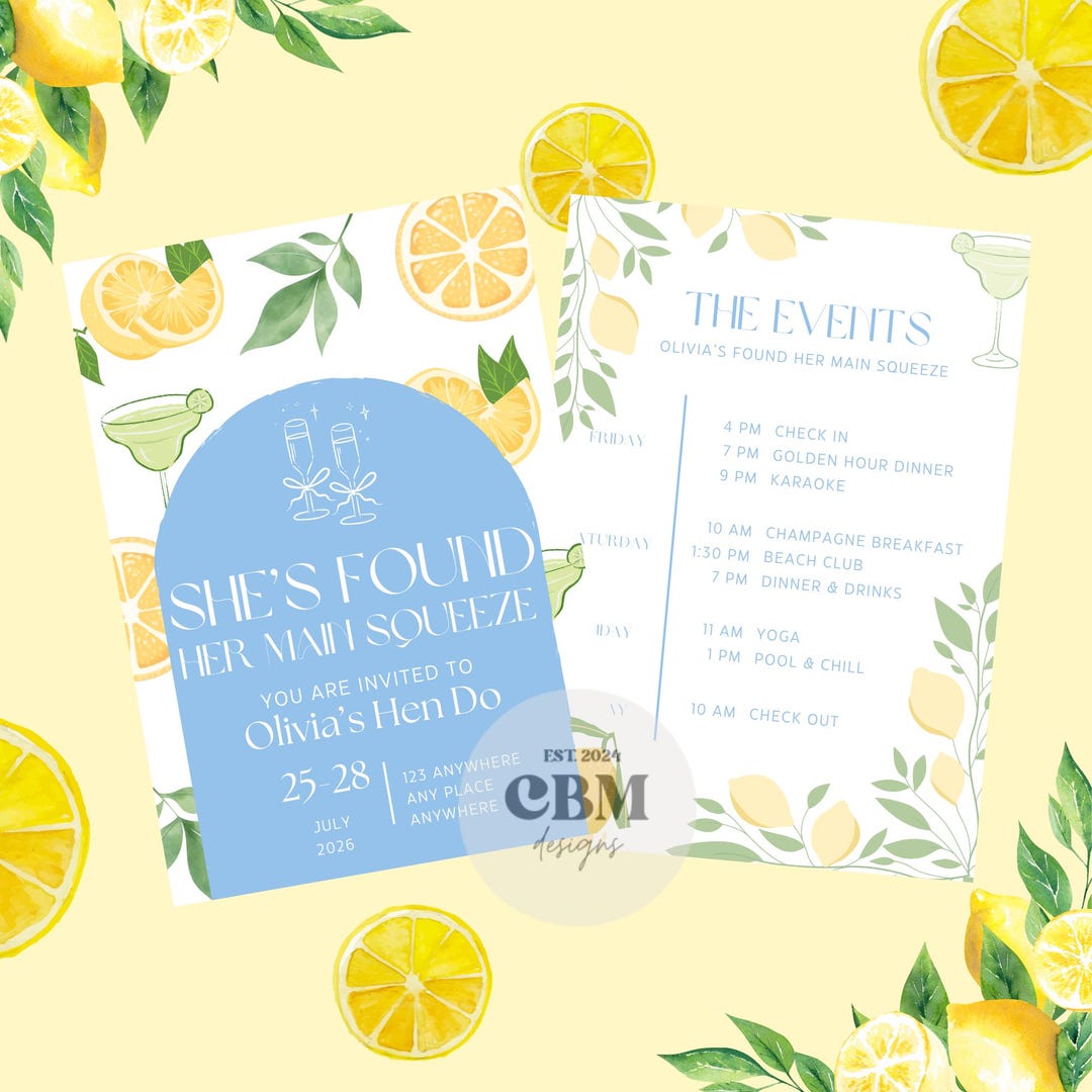 Editable Lemon Hen Do Bachelorette Party Invite Itinerary ...