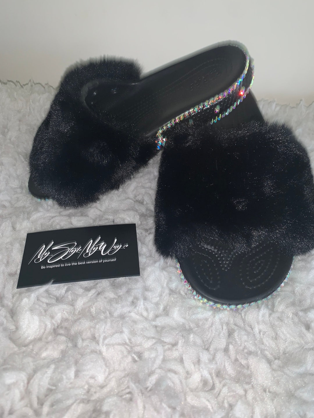 Women Custom Black Croc Fur Slides | Fur Slides for Women | Fur ...