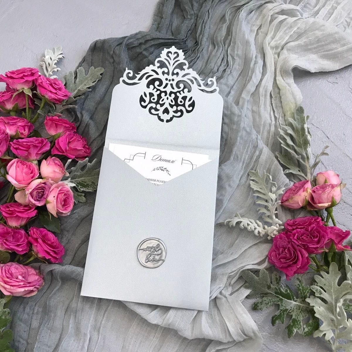 Filigree Envelope Laser Cut Wedding Invitation in Silver Luxury DIY ...