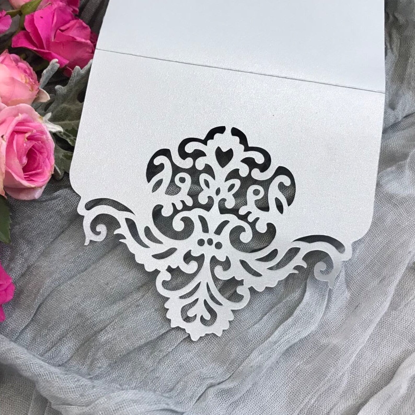 Filigree Envelope Laser Cut Wedding Invitation in Silver Luxury DIY ...
