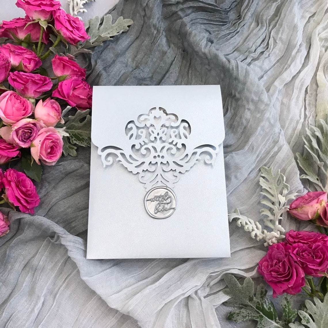 Filigree Envelope Laser Cut Wedding Invitation in Silver Luxury DIY ...