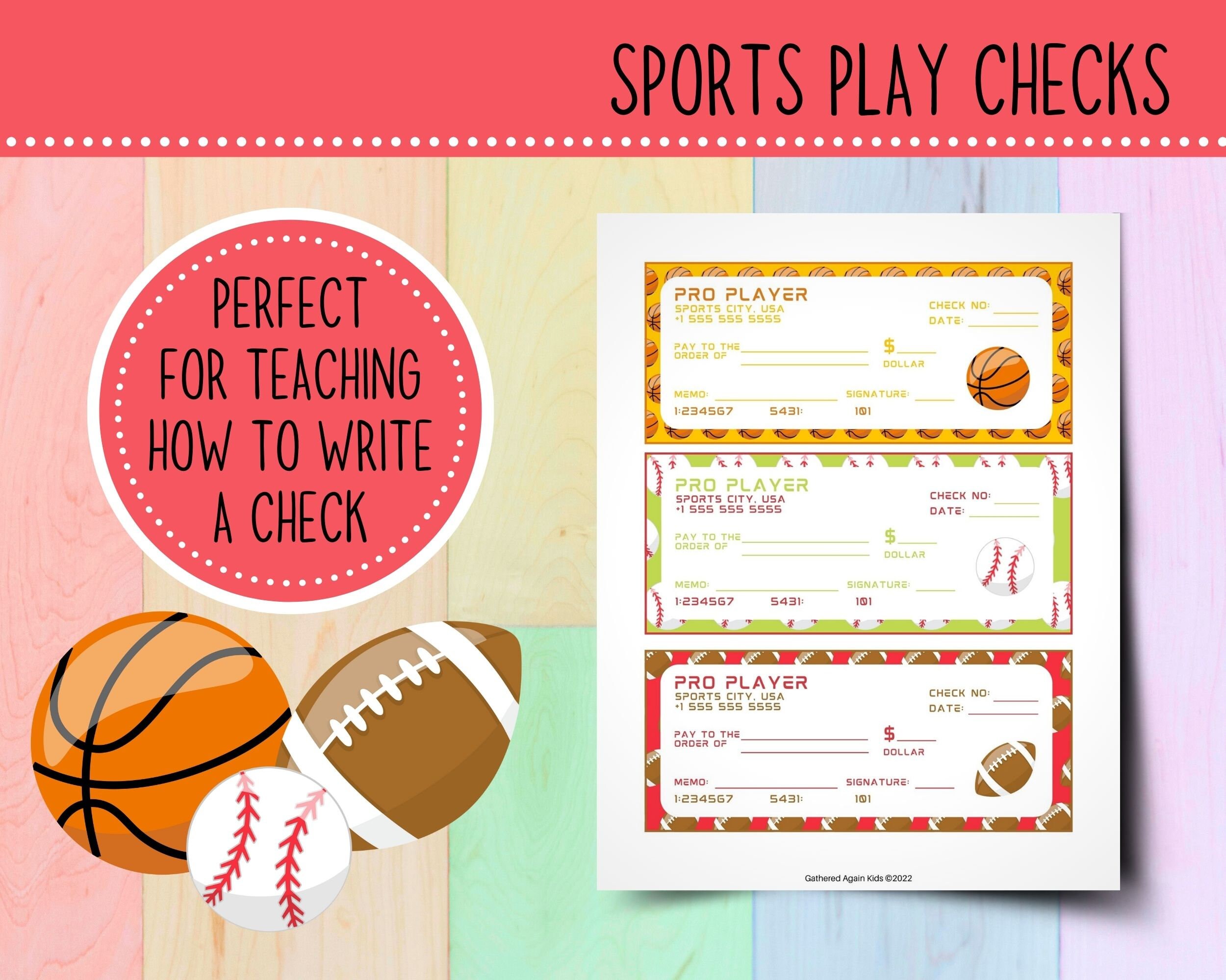 Sports Play Checks for Kids | Printable Play Checks | Money Math | Play ...