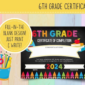 Printable 6th Grade Graduation Certificate 2024 | Chalkboard Graduation ...