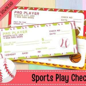 Sports Play Checks for Kids | Printable Play Checks | Money Math | Play ...