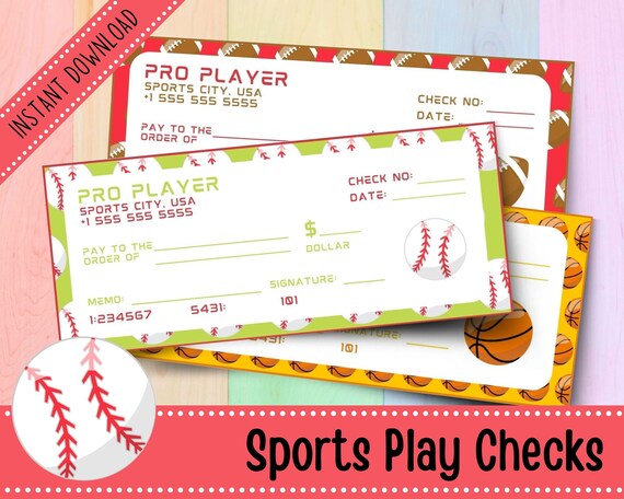 Sports Play Checks for Kids Printable Play Checks Money - Etsy