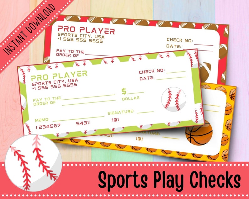 Sports Play Checks for Kids | Printable Play Checks | Money Math | Play ...